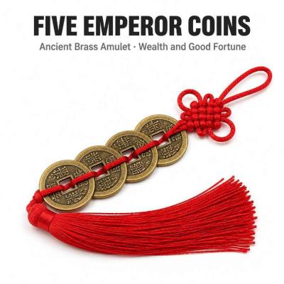 China Five Emperor Coins Feng Shui Amulet Set - Chinese Ancient Copper Coins with Red Tassel, Wealth Protection Charm for Home Car Wallet, Taoist Good Luck Gift for sale