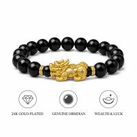 China Pixiu Bracelet Black Obsidian 24K Gold Plated - Feng Shui Wealth Protection Bracelet Chinese Money Beast Lucky Charm for Men Women, Adjustable for sale