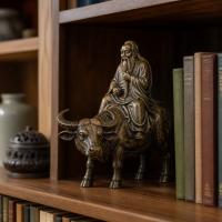China Lao Tzu Statue Riding Buffalo Bronze Finish - Taoism Founder Figurine Feng Shui Decor for Home Office Altar, Handcrafted Philosopher Sculpture 8 inch for sale