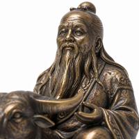 China Lao Tzu Statue Riding Buffalo Bronze Finish - Taoism Founder Figurine Feng Shui Decor for Home Office Altar, Handcrafted Philosopher Sculpture 8 inch for sale