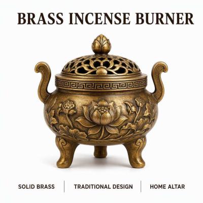China Brass Incense Burner with Lotus Design for Home Temple Meditation for sale