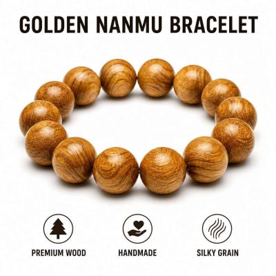 China Handmade Golden Nanmu Wood Taoist Bracelet with 14 Beads and Silky Grain for Meditation for sale
