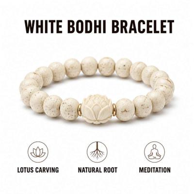 China Natural Bodhi Root Taoist Bracelet with Hand-Carved Lotus Beads in Ivory White for Meditation for sale