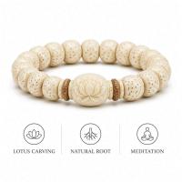 China Natural Bodhi Root Taoist Bracelet with Hand-Carved Lotus Beads in Ivory White for Meditation for sale