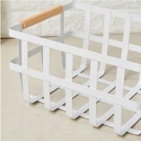China White Long Rectangle Iron Storage Baskets With Wooden Handles for sale