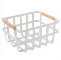 China White Long Rectangle Iron Storage Baskets With Wooden Handles for sale