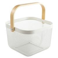 China 24X24cm Rectangular Wire Mesh Basket White Metal Basket With Wood Handle for sale