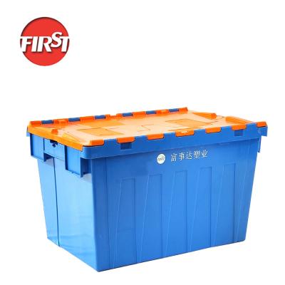 China Solid Box Blue Storage Moving Flip Lid Plastic Crate Stack Nesting Crate 600*400*365mm for sale
