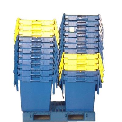 China Solid Box Warehouse Stacking PP Attached Lid Nesting Plastic Crate for Easy Assembly for sale