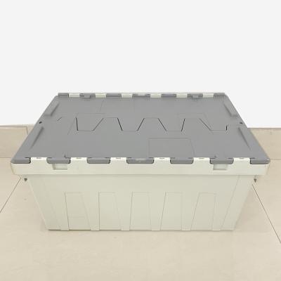 China 60L Attached Lid Container Plastic Crate for Heavy-Duty Transportation for sale