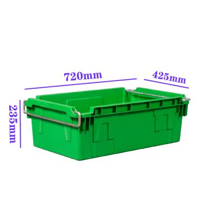 China Industrial Stack And Nest Plastic Crate With Metal Swing Arms 45L PP Storage Crate 720×425×235mm OEM Manufacturer for sale