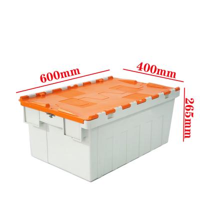 China Custom Order Attached Lid Container Plastic Moving Storage Box With Lock Lid Tote Crate for sale
