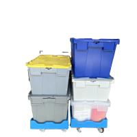China Custom Order Attached Lid Container Plastic Moving Storage Box With Lock Lid Tote Crate for sale