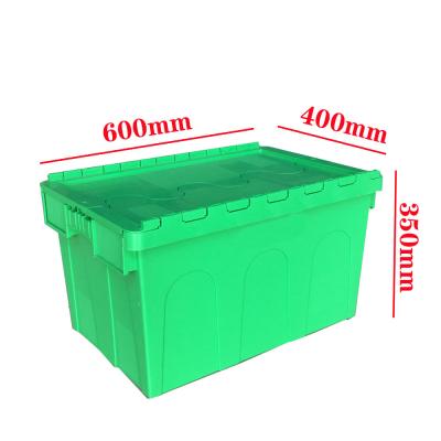 China Heavy Duty Attached Lid Container 600x400x350 Plastic Moving Crates Nestable Storage Totes With Lids For Sale for sale