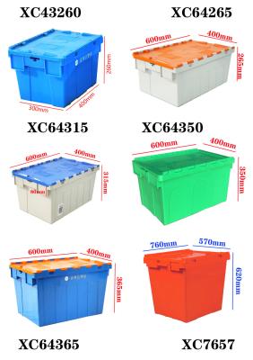 China Storage Container With Attached Lid Nestable Crate 600*400*315mm Heavy Duty Tote With Hinged Lid for sale