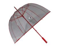 China Dome Shape Red Edges Clear Plastic See Through Umbrellas With Self Metal Top for sale