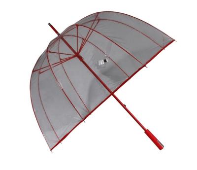China Dome Shape Red Edges Clear Plastic See Through Umbrellas With Self Metal Top for sale