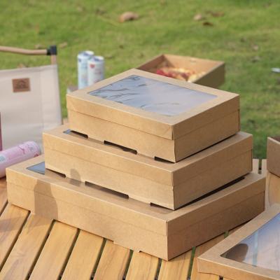 China Multi-Size Disposable Kraft Paper Takeout Containers  Salad / Cake / Fruit / Sushi Boxes with Clear Window for sale