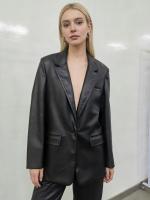 China Elegant Women's Black PU Blazer Jacket with Tailored Flap Pockets and Single Button Closure for sale
