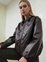 China Women's Dark Brown PU Bomber Jacket with Relaxed Puffed Sleeves and Zipper Closure for sale