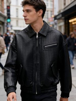 China Men's Woven Texture PU Bomber Jacket with Zipper Closure Fit for Modern Street Style for sale