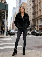 China Cropped Boxy Fit Faux Fur Jacket with Luxuriously Dense Plush Texture and Oversized Notched Lapel for sale