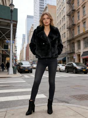 China Cropped Boxy Fit Faux Fur Jacket with Luxuriously Dense Plush Texture and Oversized Notched Lapel for sale