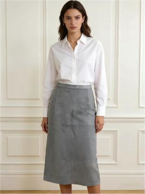 China Grey Suede Midi Skirt with High Waisted Design and Buttery Soft Texture for Elegant Apparel for sale
