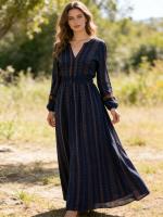 China Chic Woven Dress with V-neck Long Sleeves Elasticated Waistband and Embroidered Trim for Women for sale