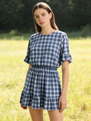 China Blue Check Mini Dress with Ruffled Details and Stretchy Waist for sale