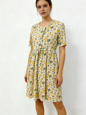 China Ladies' Woven Dress with Knee-length Hem, Short Sleeves, and Round Neckline for Spring, Summer, and Autumn for sale