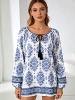 China 100% Polyester Woven Top with Elasticated Cuffs and Gathered Scoop Neckline for sale