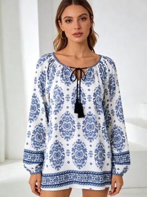 China 100% Polyester Woven Top with Elasticated Cuffs and Gathered Scoop Neckline for sale