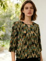 China Earthy Abstract Print Keyhole Neck 3/4 Sleeve Top for Casual Wear for sale