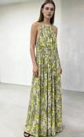 China Floor length halter dresses featuring abstract yellow and grey floral print gathered waist and flowy silhouette for sale