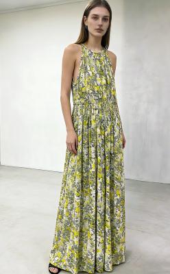 China Floor length halter dresses featuring abstract yellow and grey floral print gathered waist and flowy silhouette for sale