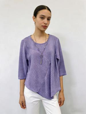 China Asymmetric Draped Hem Lavender Top with 3/4 Sleeve and Crew Neck Blouse for sale