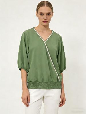 China Sage Green Top with Contrast Piping and Smocked Waist for sale