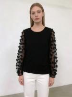 China Black Floral Mesh Sleeve Crew Neck Top with Elegant Chiffon Body for sale