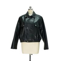 China Black cropped PU leather jacket with pointed collar and chest flap pockets for casual wear for sale