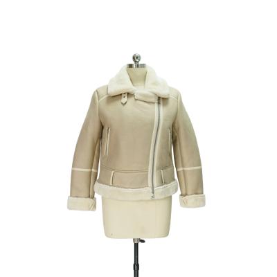 China Beige Suede-Faux Fur Jacket with Plush Shearling Collar for Autumn Winter Outerwear for sale