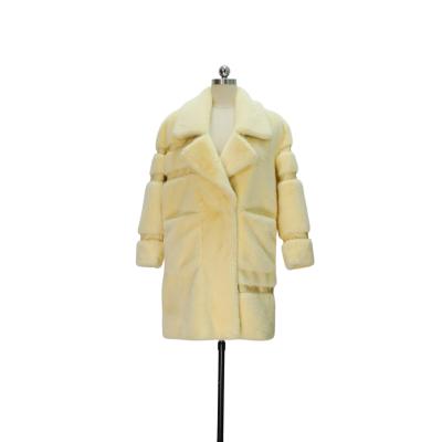 China Luxe pale yellow faux fur coat with soft texture and hip length for refined autumn winter style for sale