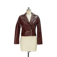 China Burgundy Cropped PU Leather Biker Jacket with Silver Studded Lapels for sale