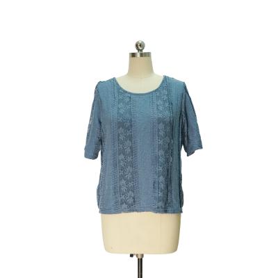China Soft Blue Short-Sleeved Blouse with Elegant Lace Panel Design and Relaxed Fit for sale
