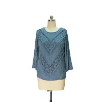 China Soft Blue Blouse with Chevron Lace Panels and Three-Quarter Sleeves Featuring a Scoop Neckline for sale