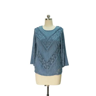 China Soft Blue Blouse with Chevron Lace Panels and Three-Quarter Sleeves Featuring a Scoop Neckline for sale