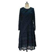 China Elegant Navy Midi Dress with Intricate Lace Panels, Flowing A-Line Silhouette, and Long Lace Sleeves for sale