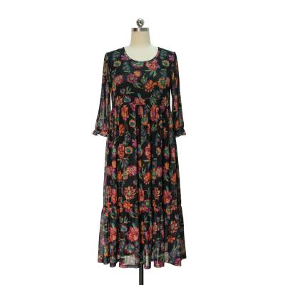 China Flowy Floral Print Midi Dress with Empire Waist and Lightweight Mesh Fabric for sale