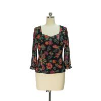 China Lightweight Printed Mesh 70D Blouse with Crew Neck and Floral Design for sale