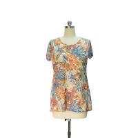 China Women's Tropical Floral Print Short Sleeve Burnout Tunic Top - Casual Blouse with Crew Neck for sale